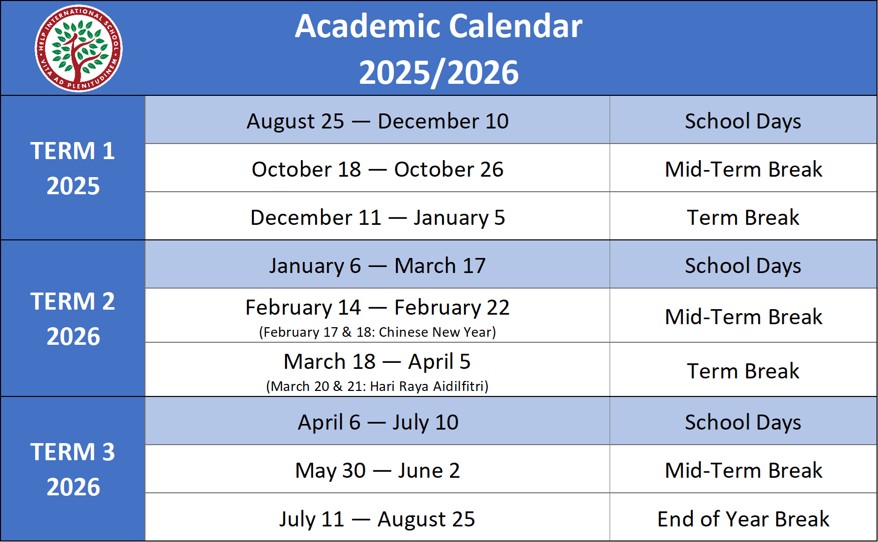 School Calendar - HELP International school